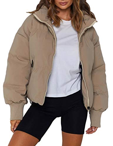 Uaneo Womens Casual Padded Full Zip Stand Collar Long Sleeve Puffer Jackets (Khaki, M)