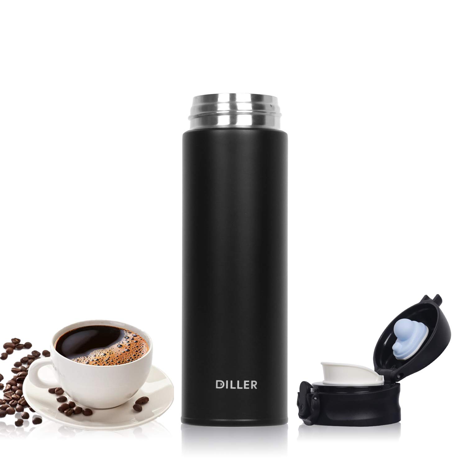 DILLER Vacuum Insulated Water Bottle,Stainless Steel Thermal Coffee Travel Mug BPA-Free Thermos Flask,Keeps Cold 24H, Hot 12H,17 oz (silver)