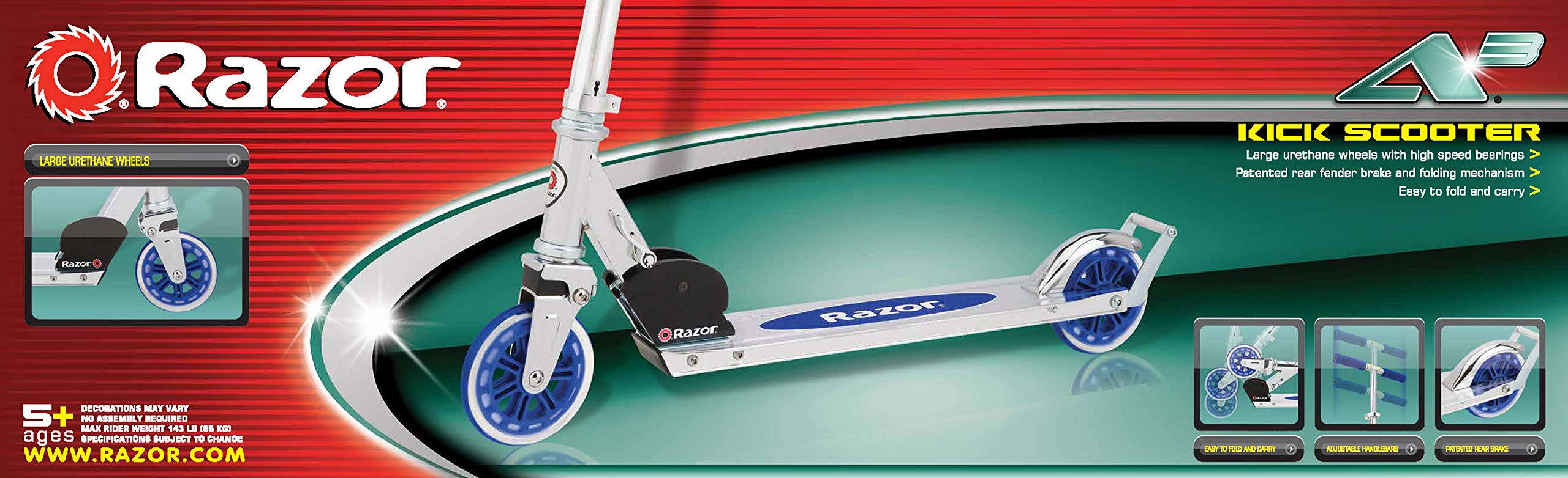 Razor A3 Kick Scooter for Kids Ages 5+ - Foldable, Lightweight, Large Wheels, Front Vibration Reducing System, Adjustable Handlebars, For Riders up to 143 lbs, Blue