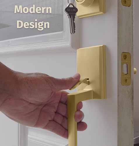Mega Handles Gold Entry Door Handleset - Single Cylinder Handleset with Lever for Entrance and Front Doors - Modern Door Handles with Design for Left and Right-Handed Doors - Straight Handle