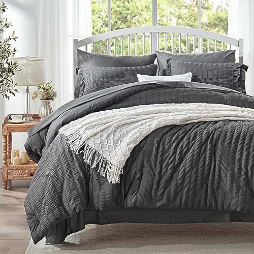 Zzlpp Queen Comforter Set 7 Pieces, Dark Grey Seersucker Bed in a Bag with Comforter and Sheets, All Season Bedding Sets with 1 Comforter, 2 Pillow Shams, 2 Pillowcases, 1 Flat Sheet, 1 Fitted Sheet