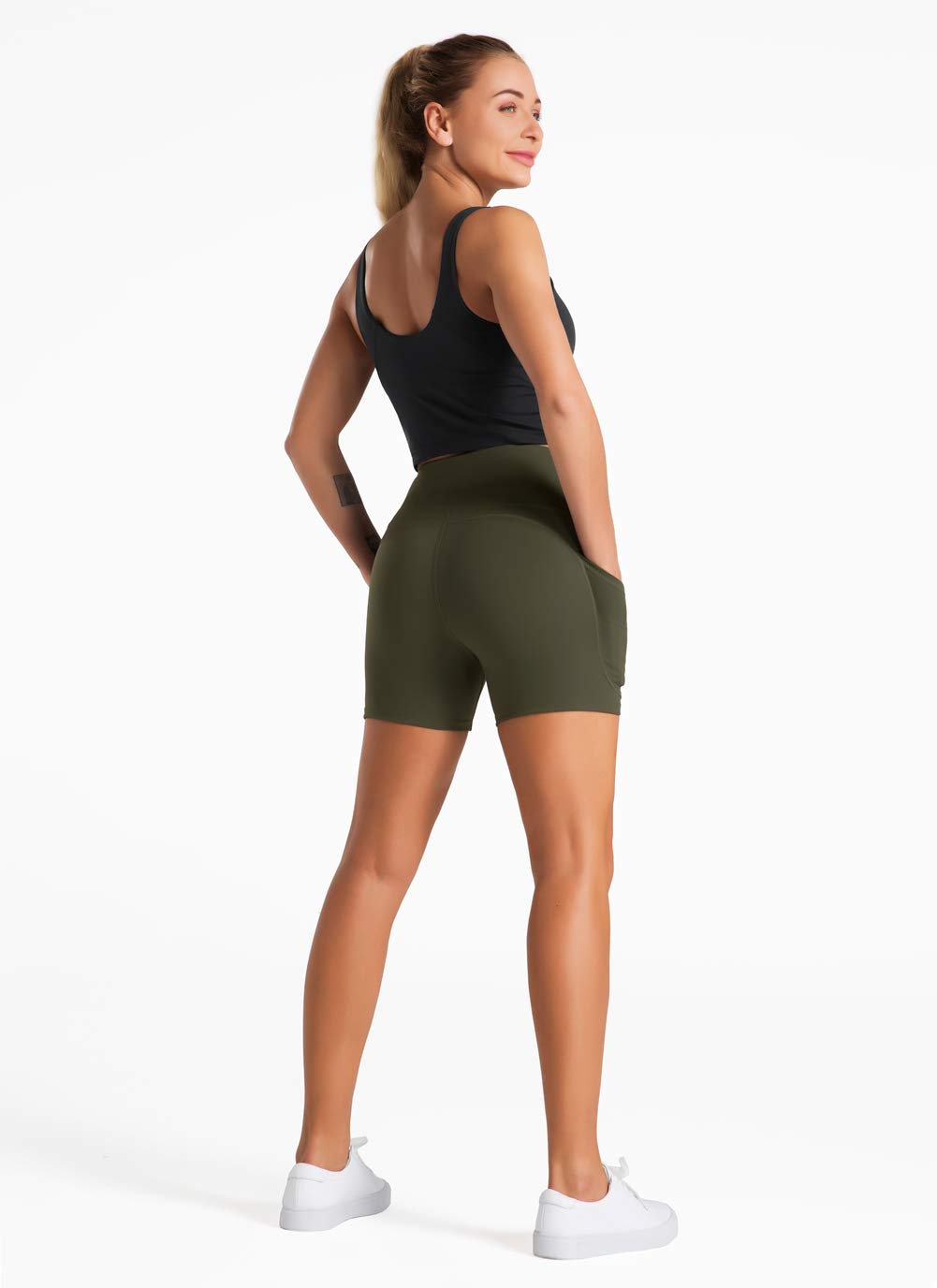 Dragon Fit High Waist Yoga Shorts for Women with 2 Side Pockets Tummy Control Running Home Workout Shorts (Large, Olive Green)