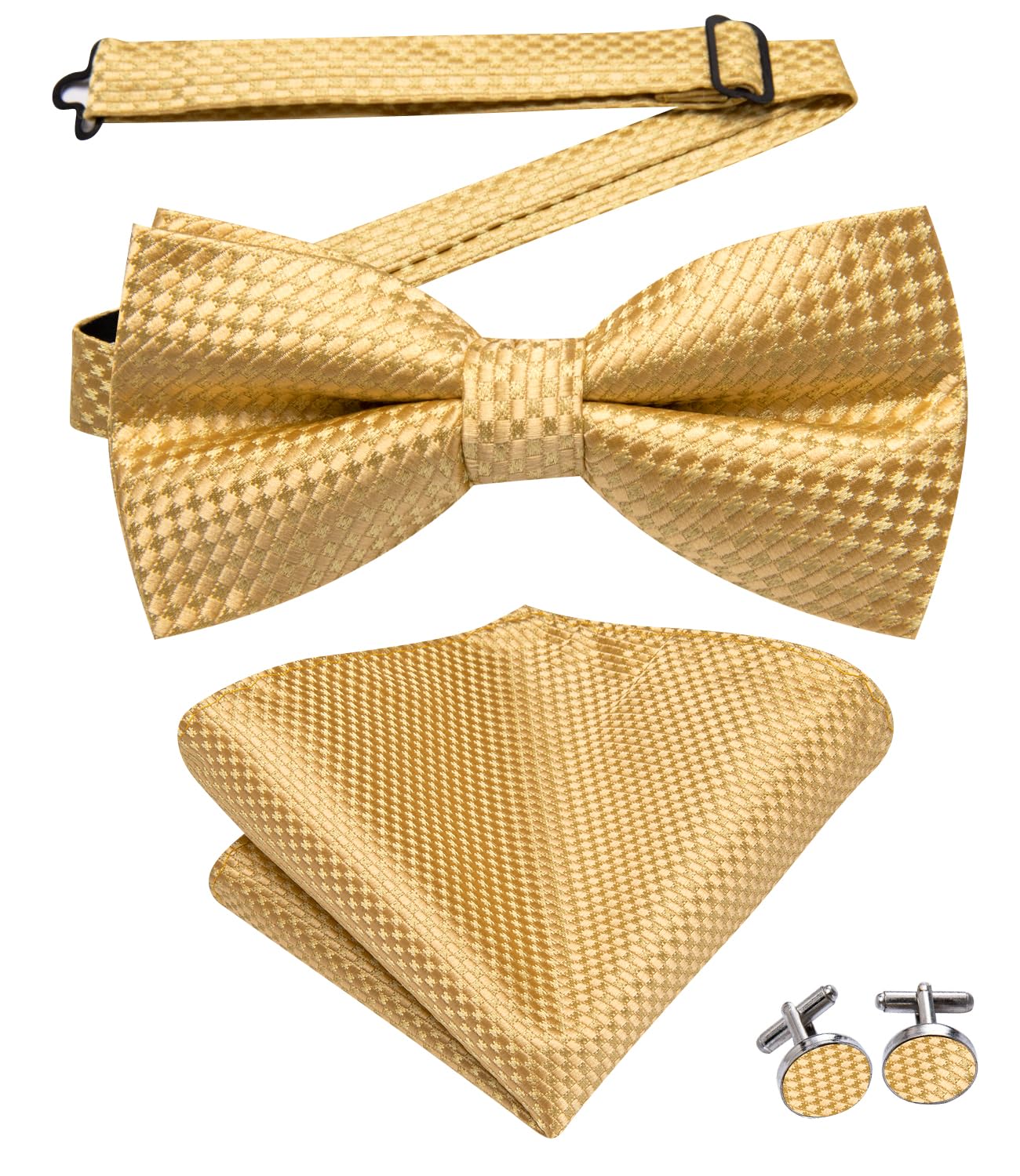 Dubulle Mens Pre-tied Bowtie and Pocket Square Set Paisley/Striped/Checks Bowties for Men,Gold Checks