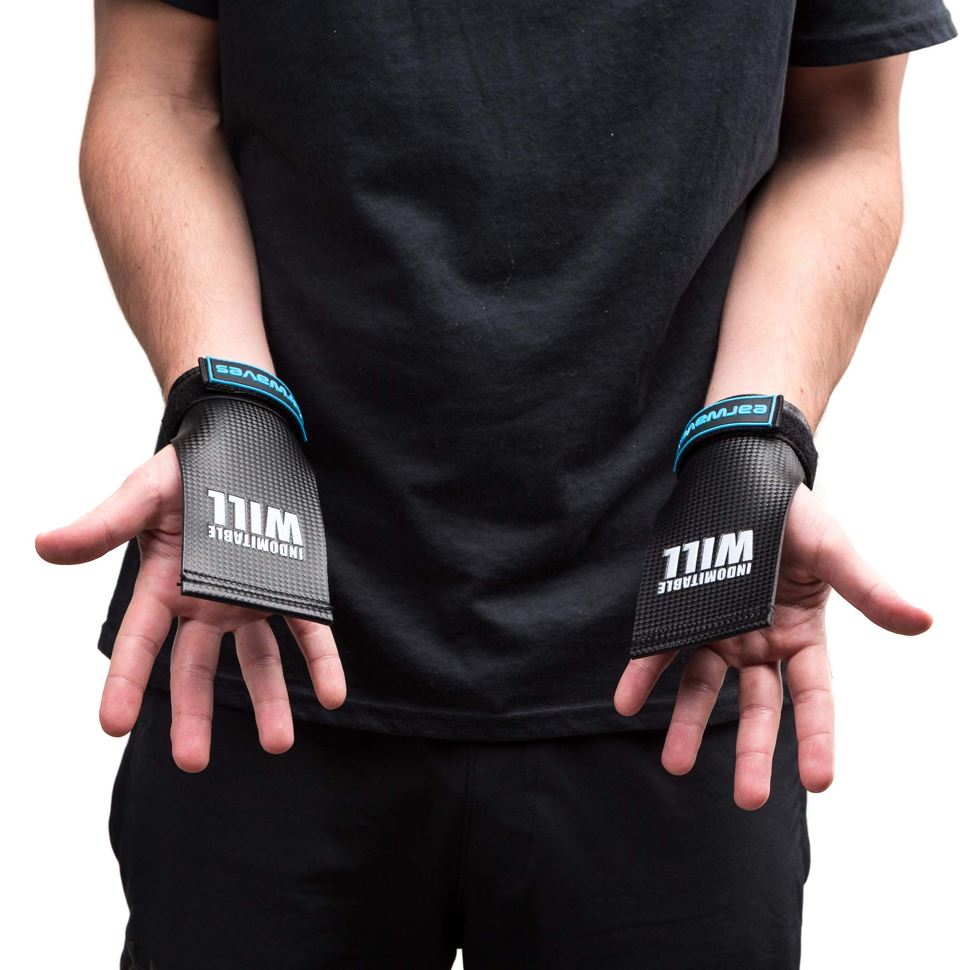 Earwaves Fingerless Hand Grips - Gymnastics Grips Without Holes for The Fingers. Hand Grips for Pull ups, Muscle ups, C2B, T2B, Rings. (L, Carbon Spino)