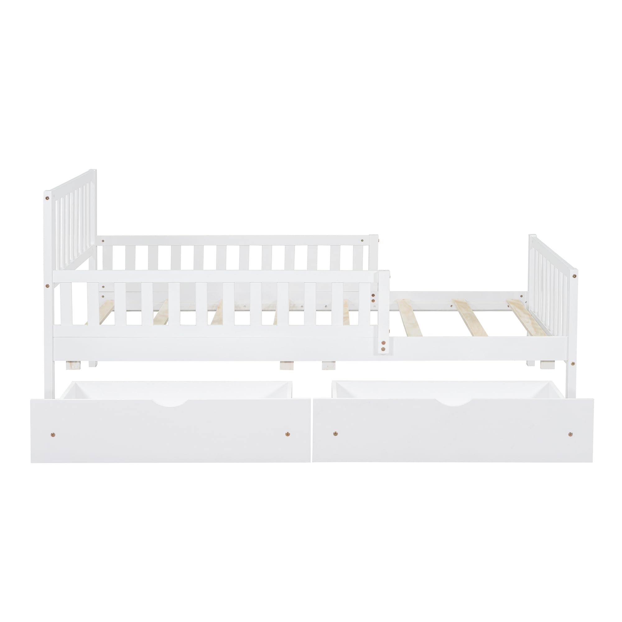 NCKMYB Kids Twin Bed with Guardrails, Low Platform Bed with Headboard and Footboard, White Children Bed Frame with 2 Drawers for Boy Girl