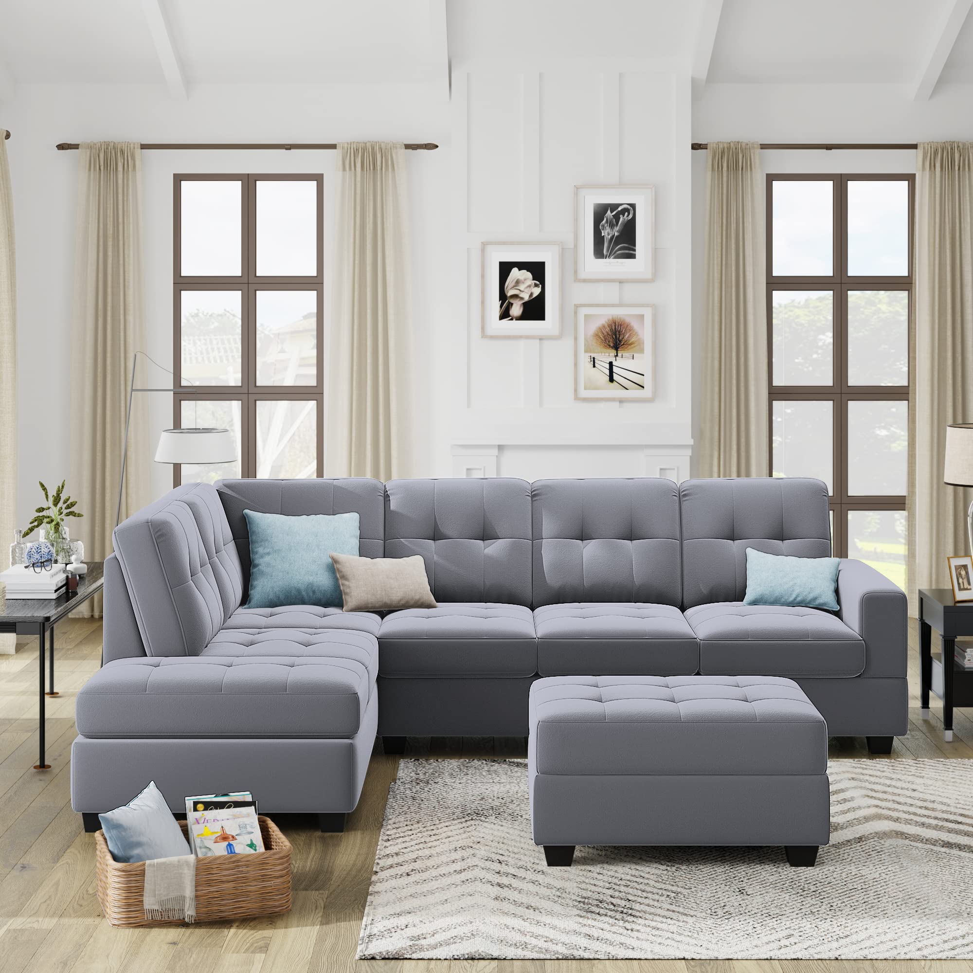 P PURLOVE Sectional Sofa, Modern 7 Seats Modular Sectional Sofa with Ottoman, L Shape Polyester Sofa Corner Couch Set with 3 Pillows for Living Room, Apartment, Office (Black)