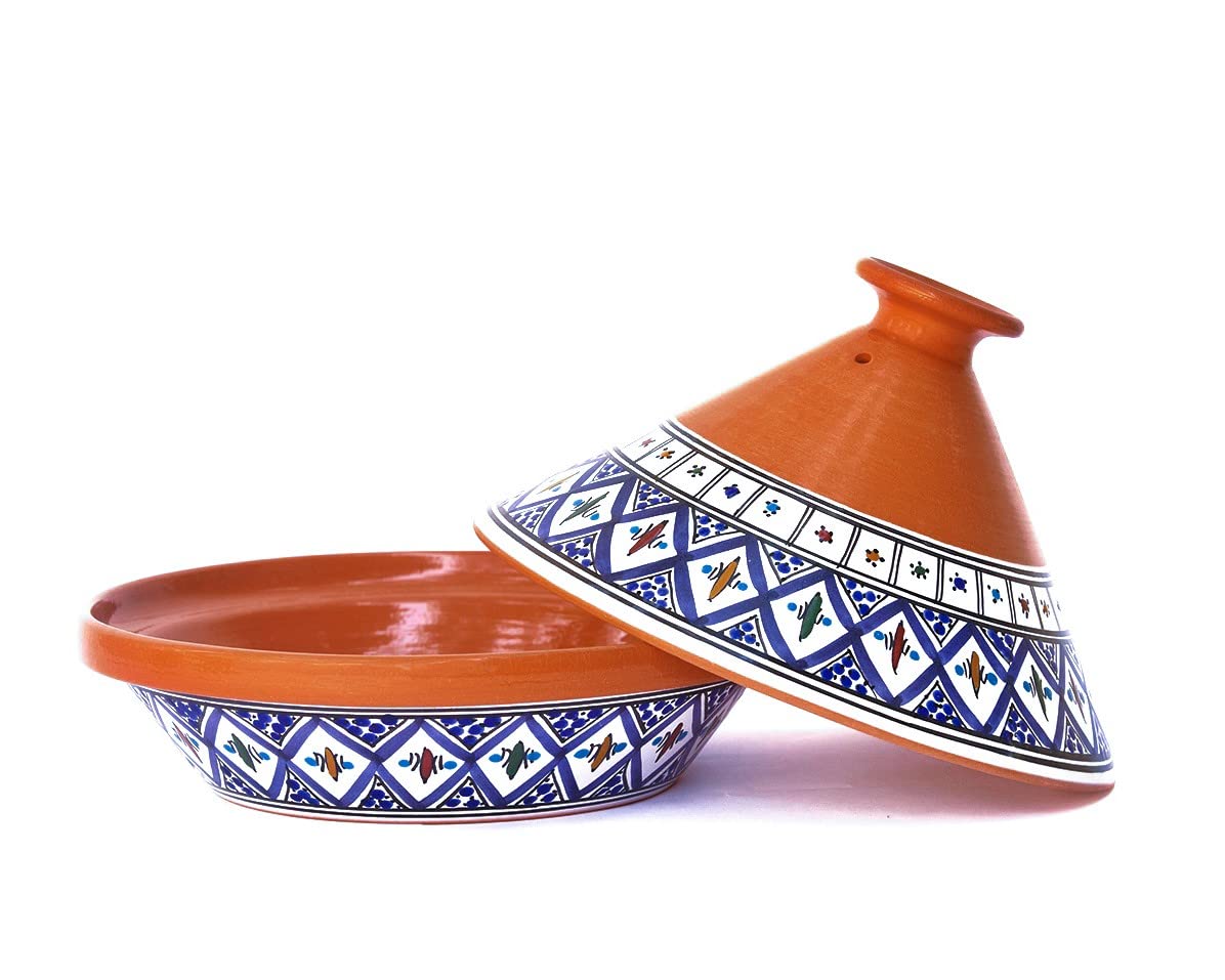 Kamsah Hand Made and Hand Painted Tagine Pot | Moroccan Ceramic Pots For Cooking and Stew Casserole Slow Cooker (Medium, Supreme Bohemian Blue)