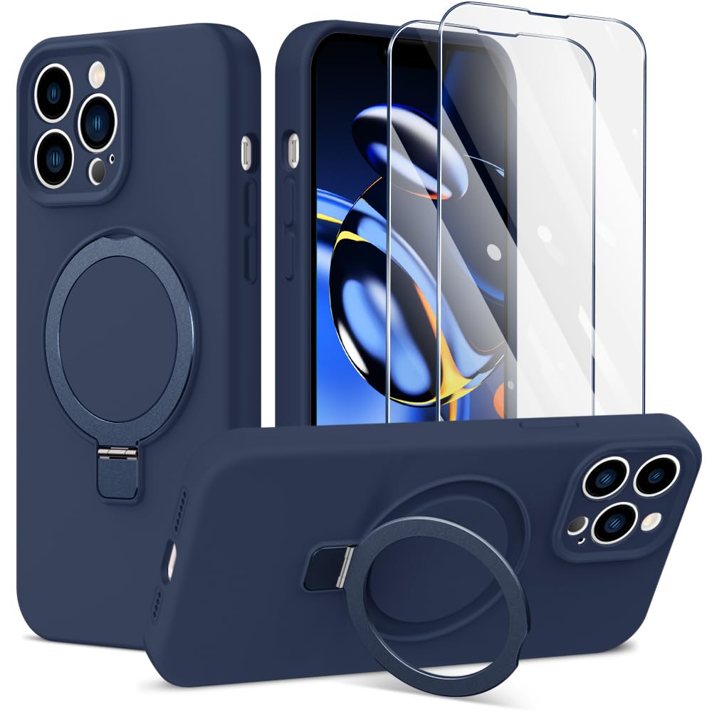 Defeneder Liquid Silicone for iPhone 13 Pro Max Case with Magnetic Stand [2 Pcs Tempered Screen Protectors + Precise Camera Lens Protection] Mil-Grade Drop Protective Phone Case, Navy Blue