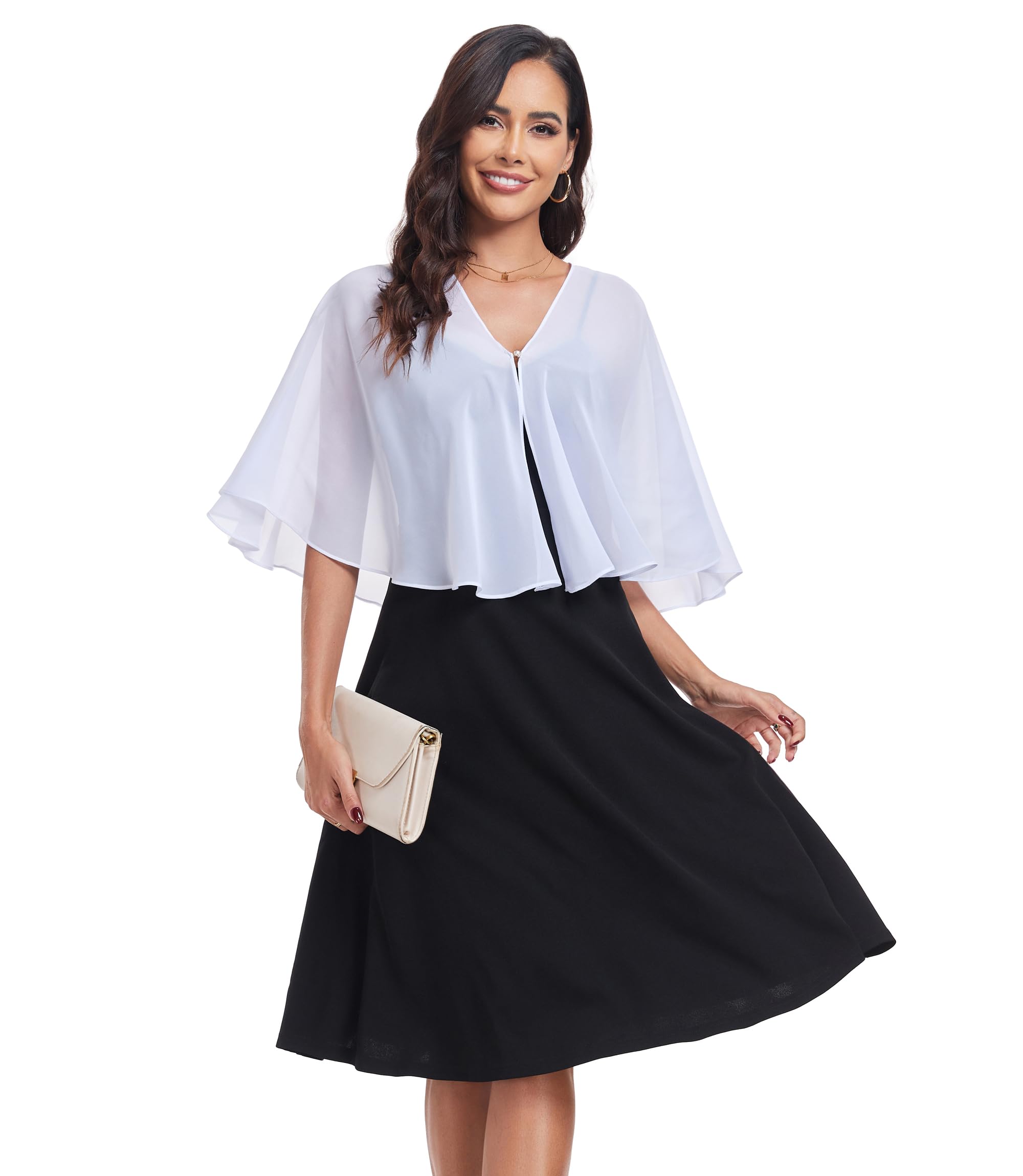 Fttyeiby Shawls and Wraps for Evening Dresses Chiffon Soft Wedding Guest Shawl Cape V Neck Capelets White