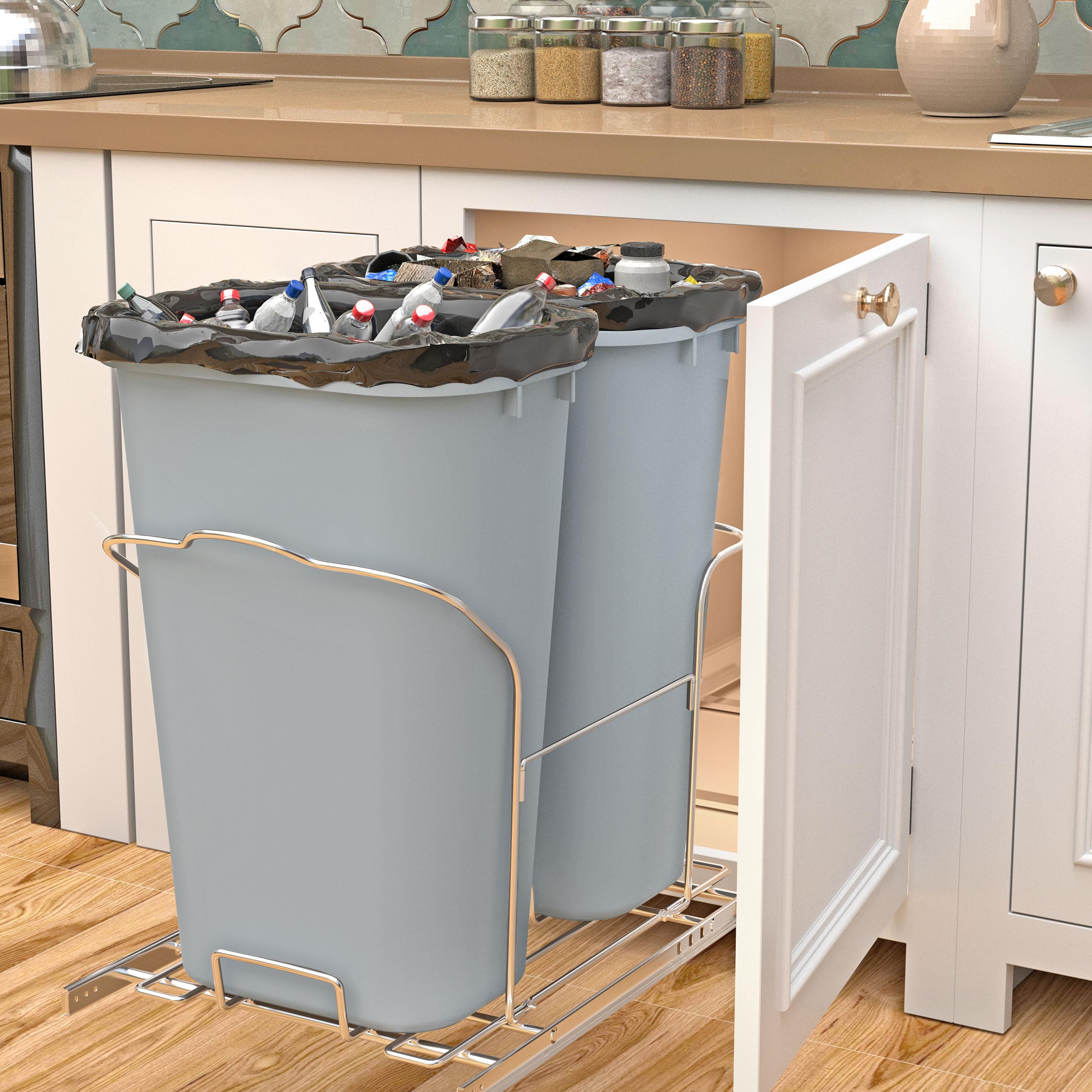 JOWBOOW Double Trash Can Cabinet Pull Out, 2 x 35L (18.5 Gallon) Soft Close Pull Out Trash Can Under Counter Garbage Can Slide Out for Under Cabinet, Grey