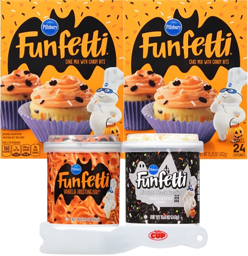 Pillsbury Funfetti Halloween Bundle, 2 Cake Mixes with Candy Bits, 1 of each Frosting with Sprinkles, Black Chocolate and Orange Vanilla (Pack of 4) with By The Cup Spreader
