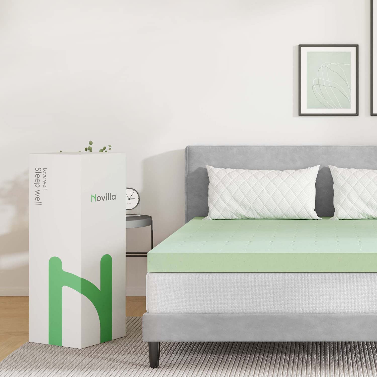 Novilla Mattress Topper King, High Density 4 Inch Memory Foam Mattress Topper with Gel Infusion for Pressure-Relieving & Cooling, Medium Soft King Size Mattress Topper, Airflow Design Green