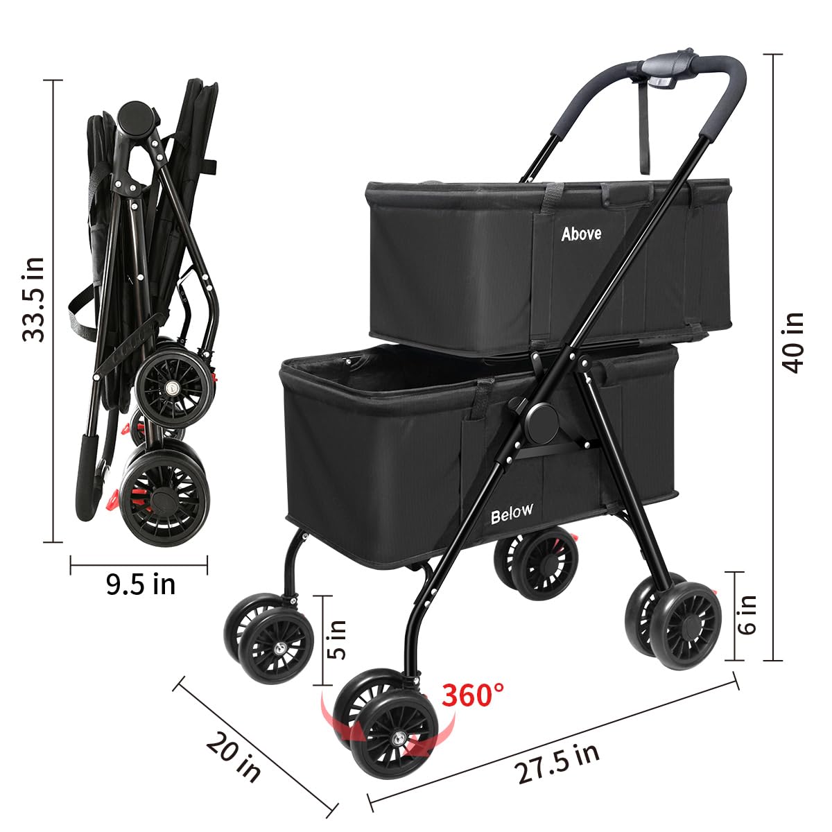 Ferrikit 2-Tier Grocery Shopping Cart Foldable Double Canvas Baskets Collapsible Folding Hand Truck Heavy Duty Trolley Sturdy Lightweight Funcitonal Multi Use Moving Shopping Storage Cart 360 Rotation