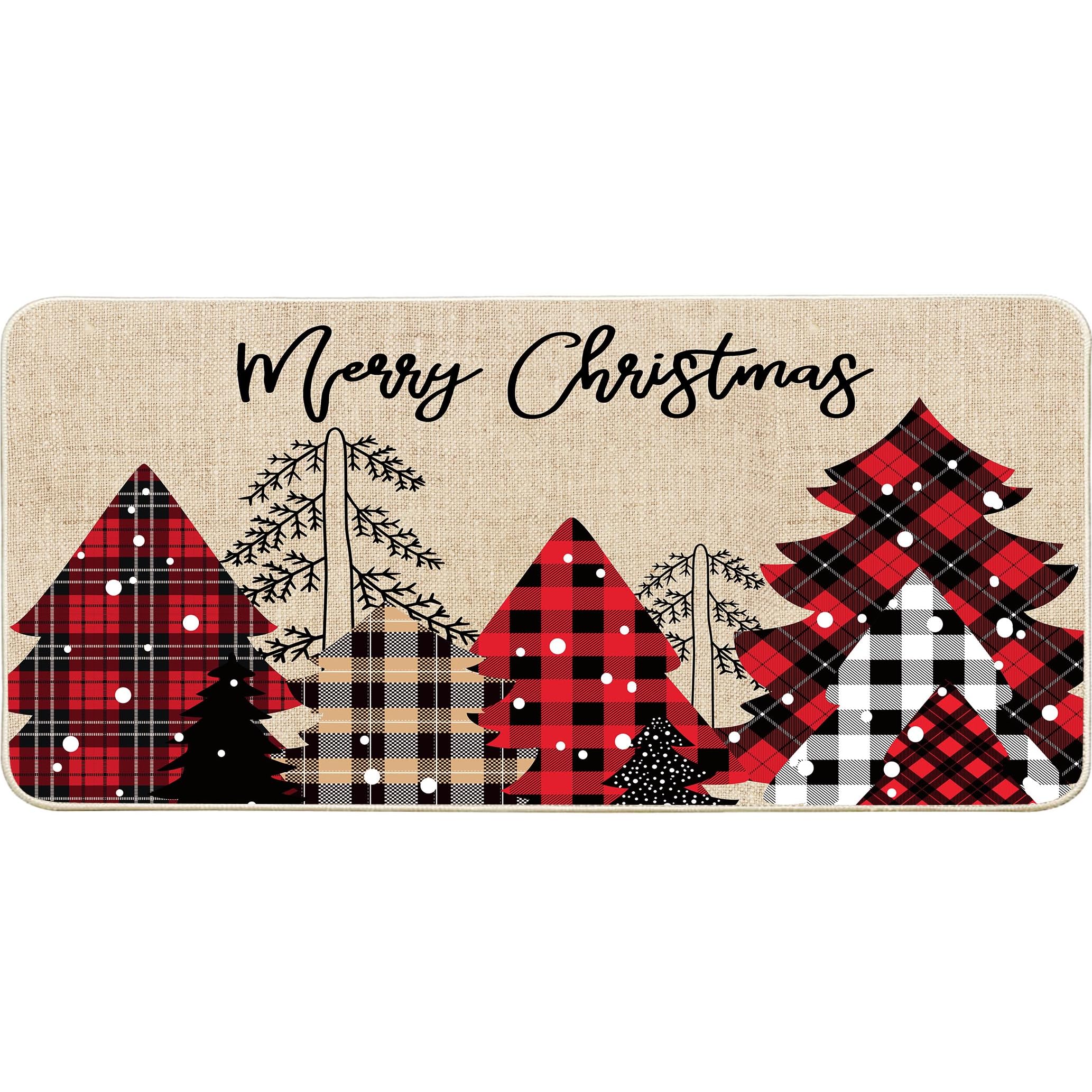 MENORCA Christmas Trees Doormat,Merry Christmas Red Buffalo Plaid Decorative Indoor Outdoor Entrance Doormat Xmas Winter Welcome Door Mat Anti-Slip Rubber for Seasonal Holiday Decortion 17x36 Inch