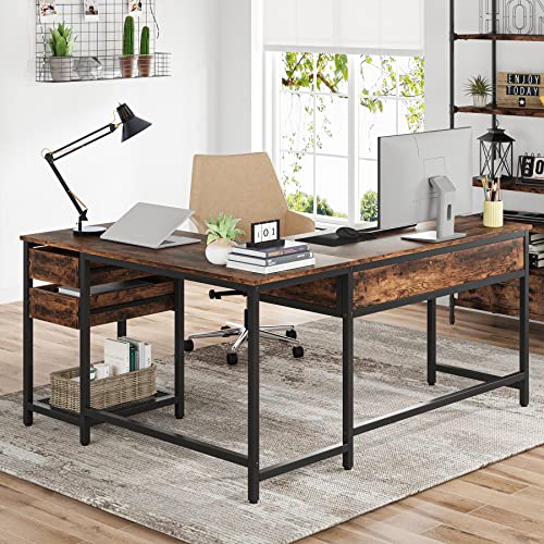 LITTLE TREE L Shaped Desk with Lift Top, Sit to Stand Corner Computer Desk with 2 Drawers, Height Adjustable Standing Desk with Storage Shelf for Home Office, Rustic Brown