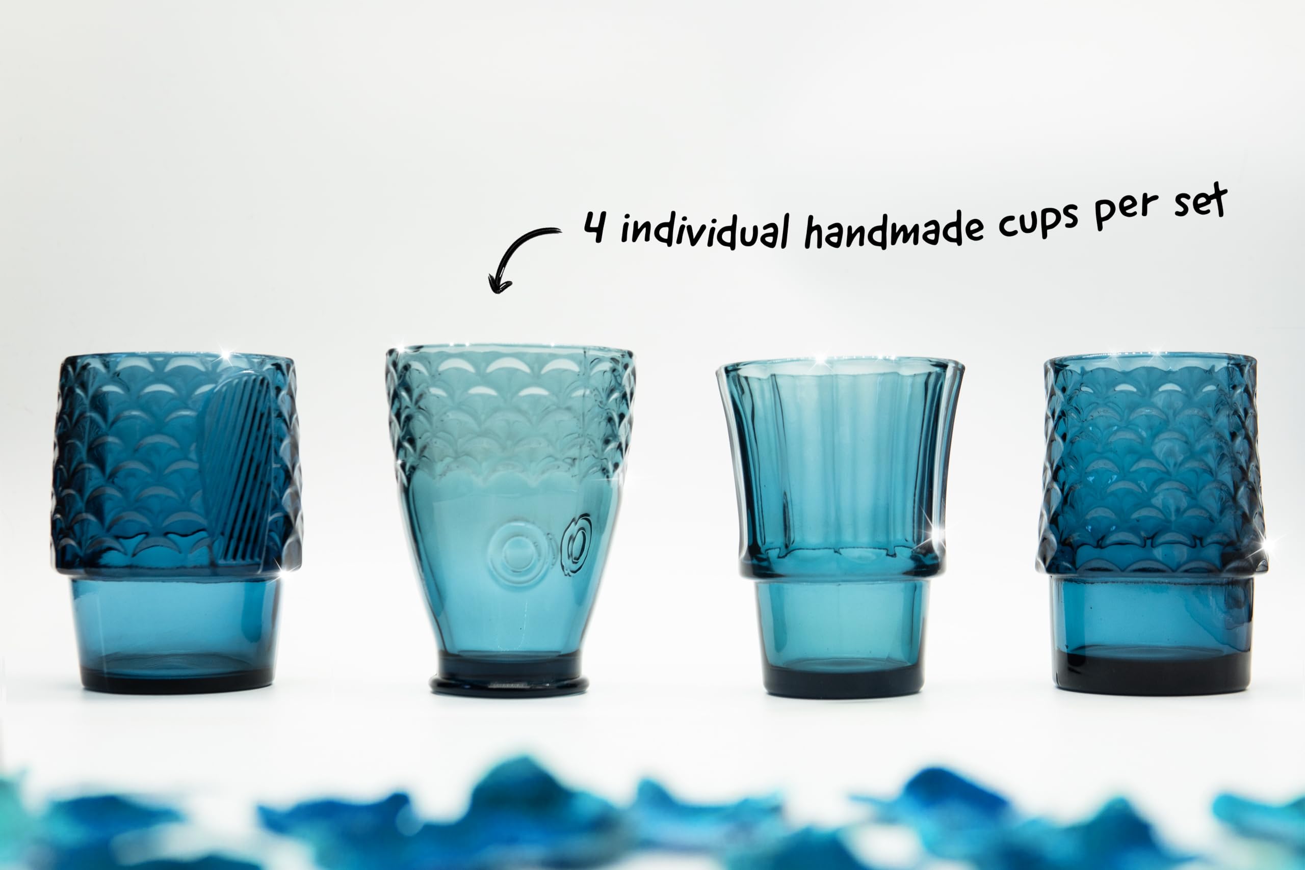 Gökotta Set of 4 | Handmade Stacking Koi Carp Fish Drinking Glasses | Natural Blue Glass Tumblers | Retro Fun Quirky Gift Present | Dinner Party Cocktail Water Juice Coffee Mugs Cups | 4PCS 250ml