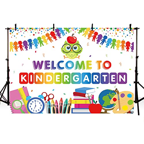 MEHOFOND 7x5ft Welcome to Kindergarten Backdrop Owl Colorful Flags Back to School Kids Classroom Party Decorations First Day in Preschool Kindergarten Photography Background Photo Studio