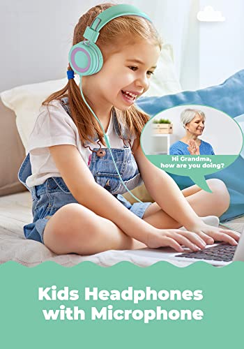 WeDuet Kids Headphones with Microphone, Wired Headphones for Kids Teens with Sharing Splitter, 91dB Safe Volume Limited Tangle-Free Foldable Stereo Headset for School Travel PC Kindle(2 Packs)