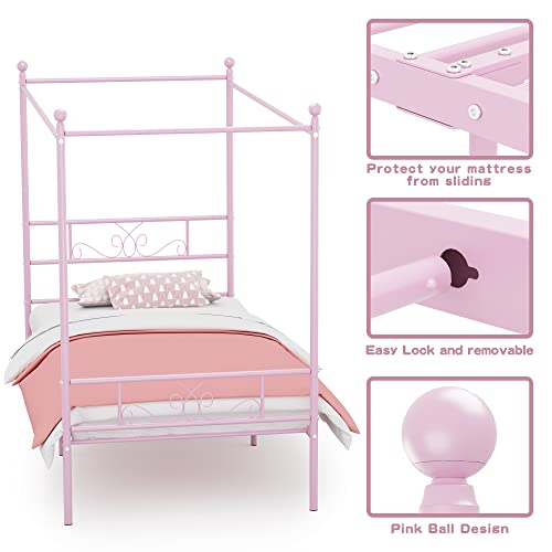 Weehom Metal Canopy Bed Frame Platform Bed 4 Posters Sturdy Steel Mattress Foundation with Headboard and Footboard Box Spring Replacement Easy DIY Assembly Twin,Pink