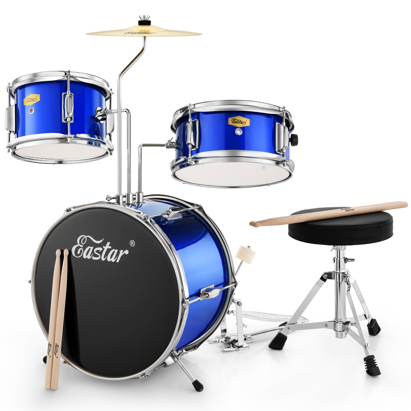 Eastar Kids Drum Set 16 inch 3-Piece, Junior Drum Set Kit with Throne, Cymbal, Pedal & Drumsticks,Metallic Blue (EDS-280Bu)