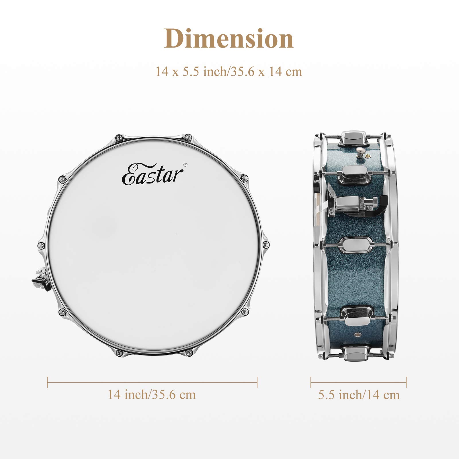 Eastar Snare Drum Set with Drum Sticks,for Beginners with Snare Drum Stand, Mute Pad, Snare Drum Bag, Drum Key, 14"X 5.5", Starry Blue