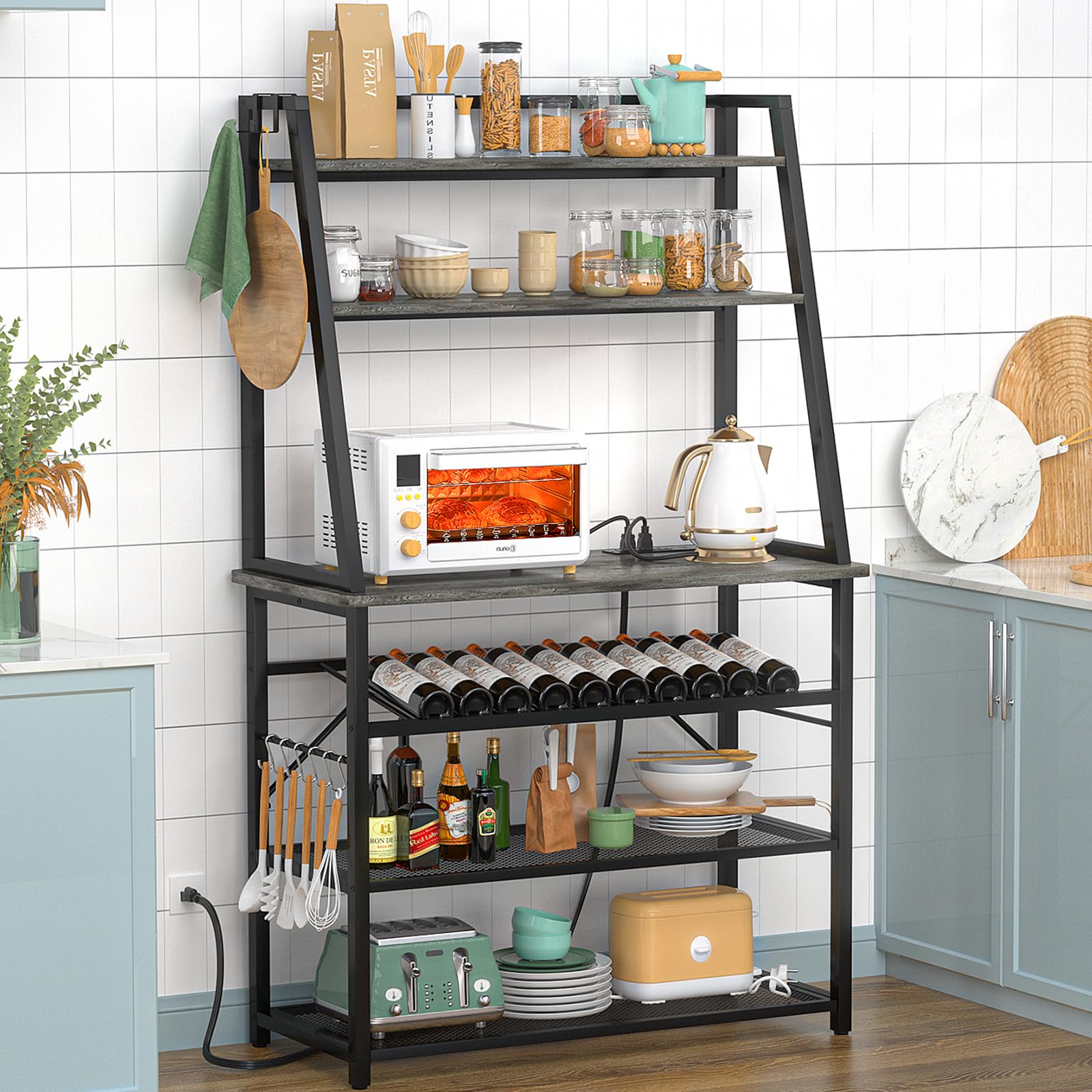 Cyclysio Bakers Rack with Power Outlet, 65.2 Inch Microwave Stands, 6 Tier Coffee Bar Station with Wine Rack, Lager Kitchen Baker Rack with Storage and 8 Hooks, Tall Kitchen Stand with Hutch, Grey
