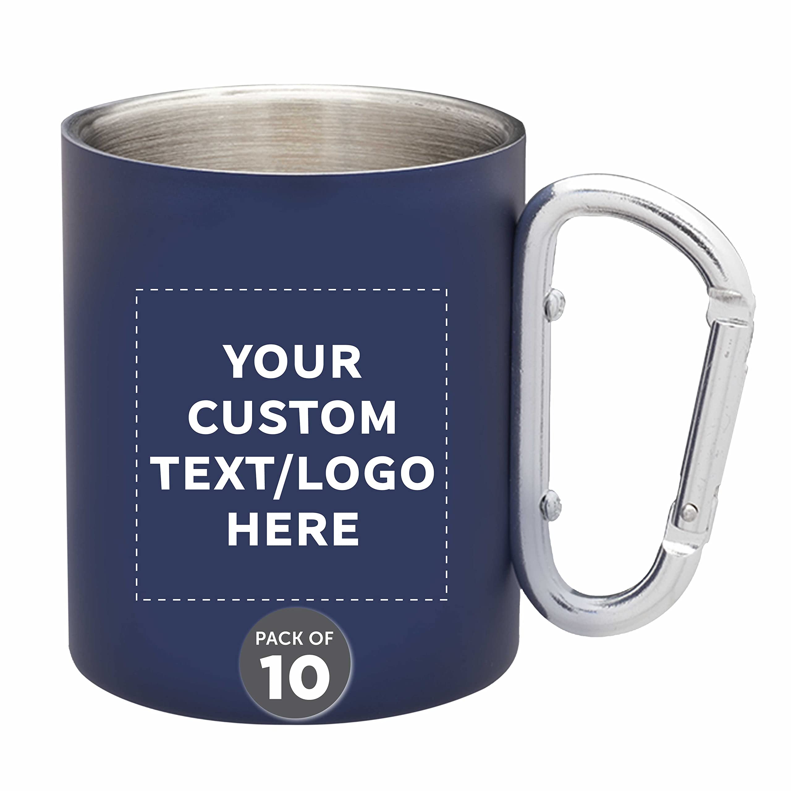 Custom Stainless Steel Mugs with Carabiner Handle 10 oz. Set of 10, Personalized Bulk Pack - Perfect for Coffee, Soda, Other Hot & Cold Beverages - Navy Blue