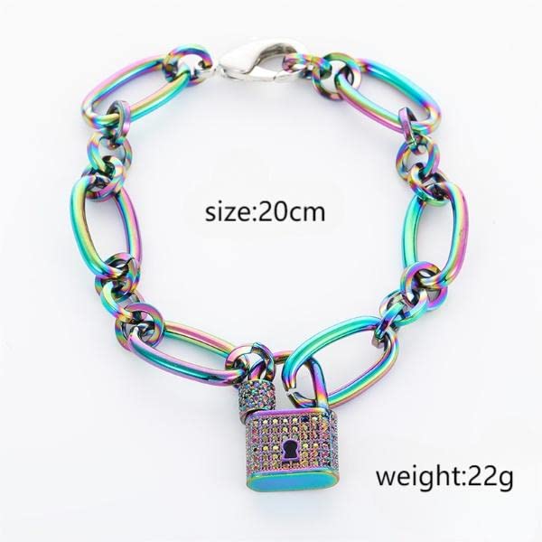 Donabus Statement Bracelet,Anodized Plated-Rainbow Bracelets,Oil Slick Chain Link Bracelet Charms for Unisex(Pad Lock)