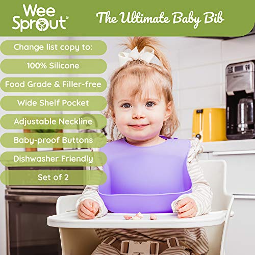 WeeSprout Silicone Baby Bibs - Set of 2 Silicone Bibs for Babies & Toddlers, Easy to Clean, Soft & Comfortable Silicone Bib, Wide Pocket Food Catcher, Adjustable Baby Bib
