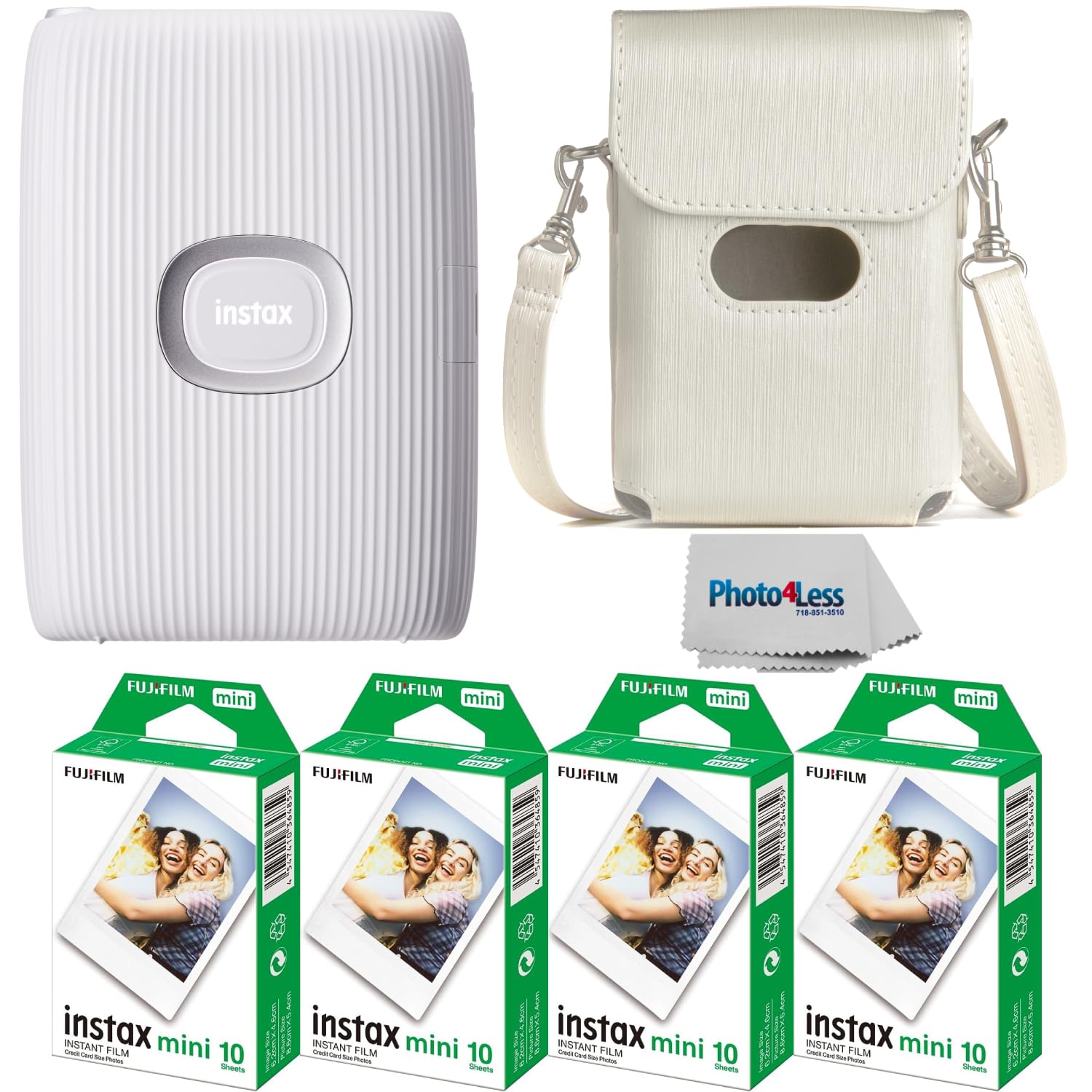 Fujifilm Instax Mini Link 2 Smartphone Printer Clay White, Fuji Instax Mini Film 40 Sheets, Protective Case, Instant Printer Bundle