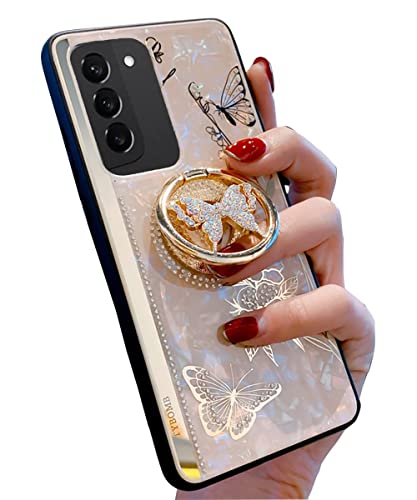 Topwin Galaxy A13 5G Kickstand Case, Cute Marble Conch Shell Floral Butterfly with Ring Stand Mirror Elegant Shockproof Protective Cover for Girls Women for Samsung A13 5G (Rose Gold)