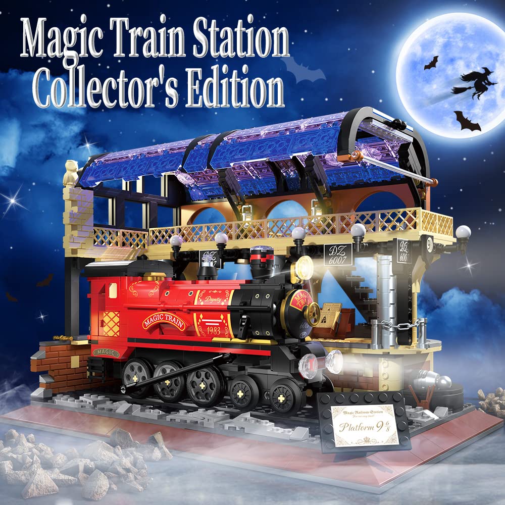 EDGKODK Retro Steam Magic Harry Express Building Kits, Collector's Edition Train Station Building Toys for Adult Challenge, 1308 Pieces Mini Bricks