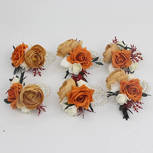 Rinlong 6Pcs Burnt Orange Wrist Corsage Wristlet Band Boho Bracelet Wrist Flowers Wedding Bride Bridesmaid Flower Accessories Decoration