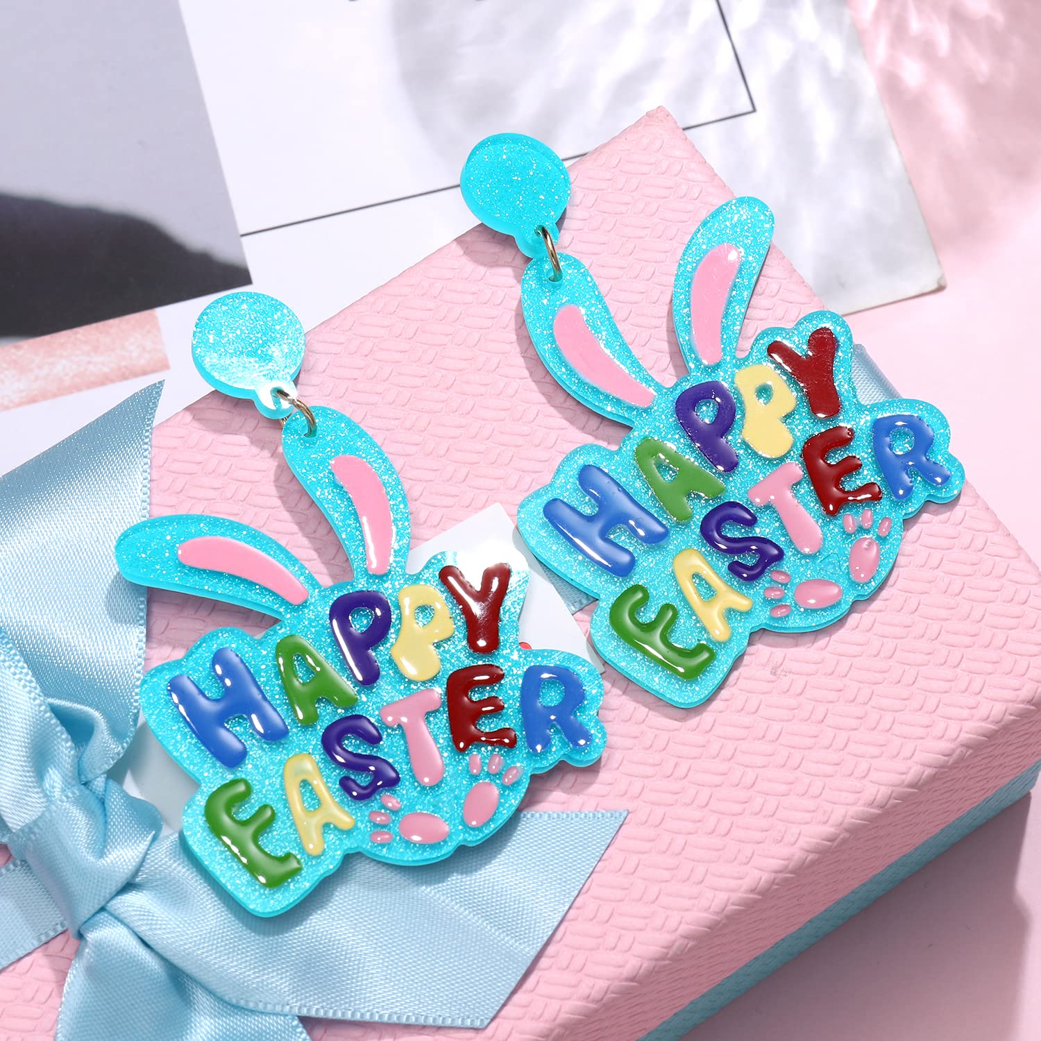 Easter Earrings For Women Easter Bunny Earrings Resin Easter Drop Dangle Earring Colorful Enamel Cute Easter Holiday Party Jewelry Gift (B-Blue)
