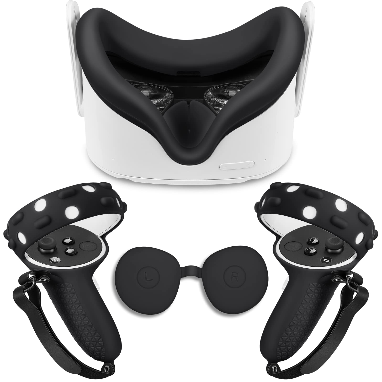 FINPAC Silicone Protective Cover for Quest 2 Gaming VR Accessories Set, Sweatproof Face Cover + Lens Cap + Touch Controller Grip Cover Bundle for Virtual Reality Headset Combo (Black)