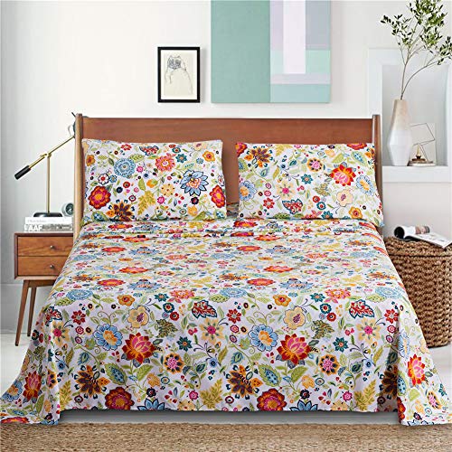 MEISHANG California King Size Sheet Set Floral Printed Sheets Ultra Soft 100% Microfiber - 16 Inch Deep Pocket Breathable Comfortable Printed Bed Sheet Set - 4 Pieces Spring Flower Cal King