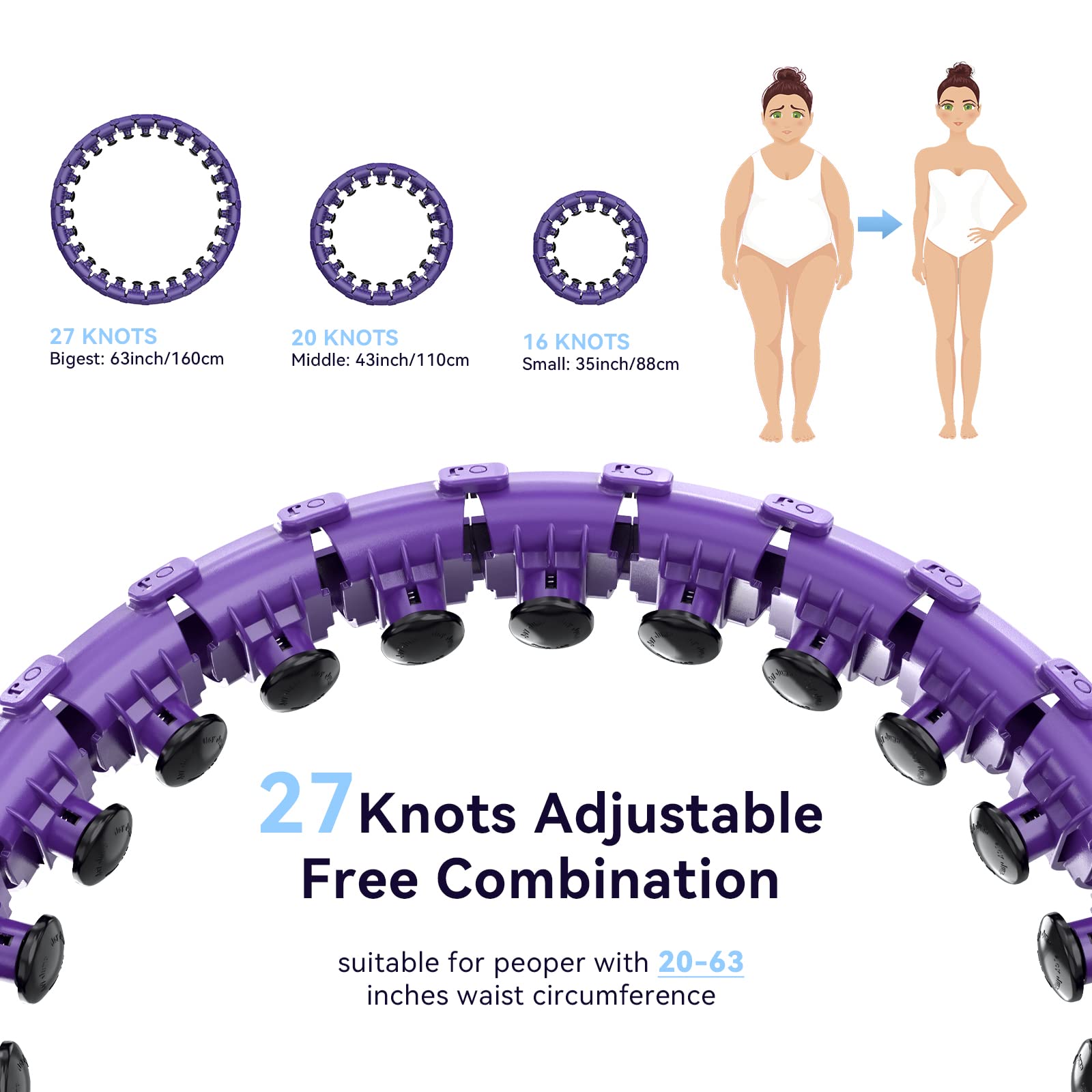 Tohoyard Weighted Hula Hoop, Smart Weighted Fit Hoop for Adults Weight Loss, 2 in 1 Smart Hoola Exercise Hoops with 27 Adjustable Detachable Knots Hoops Auto-Spinning Ball for Adults and Beginners