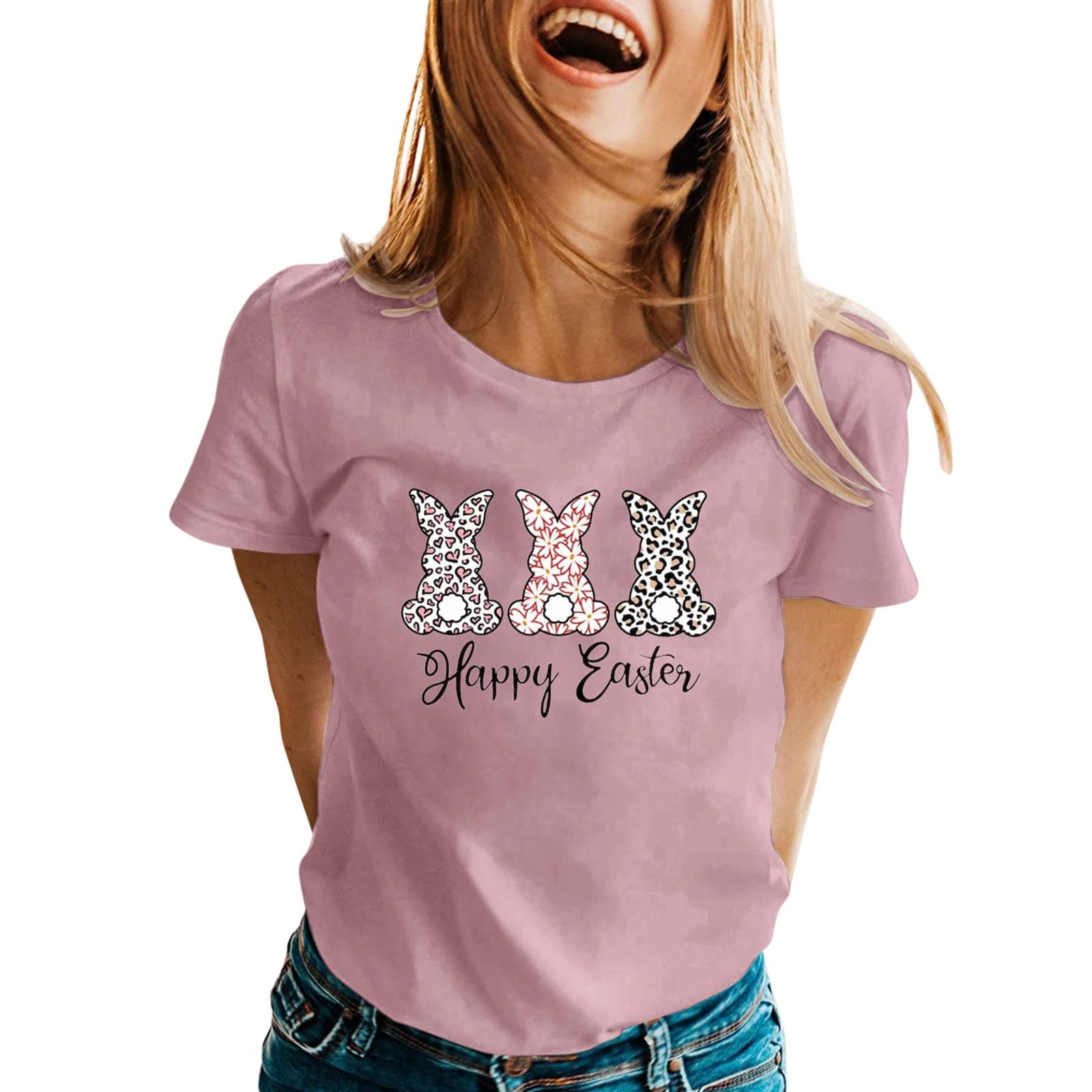 Easter Womens Tops Summer Short Sleeve Going Out Tops O Neck Printing T-Shirts Loose Casual Tops Tees Cute Tops