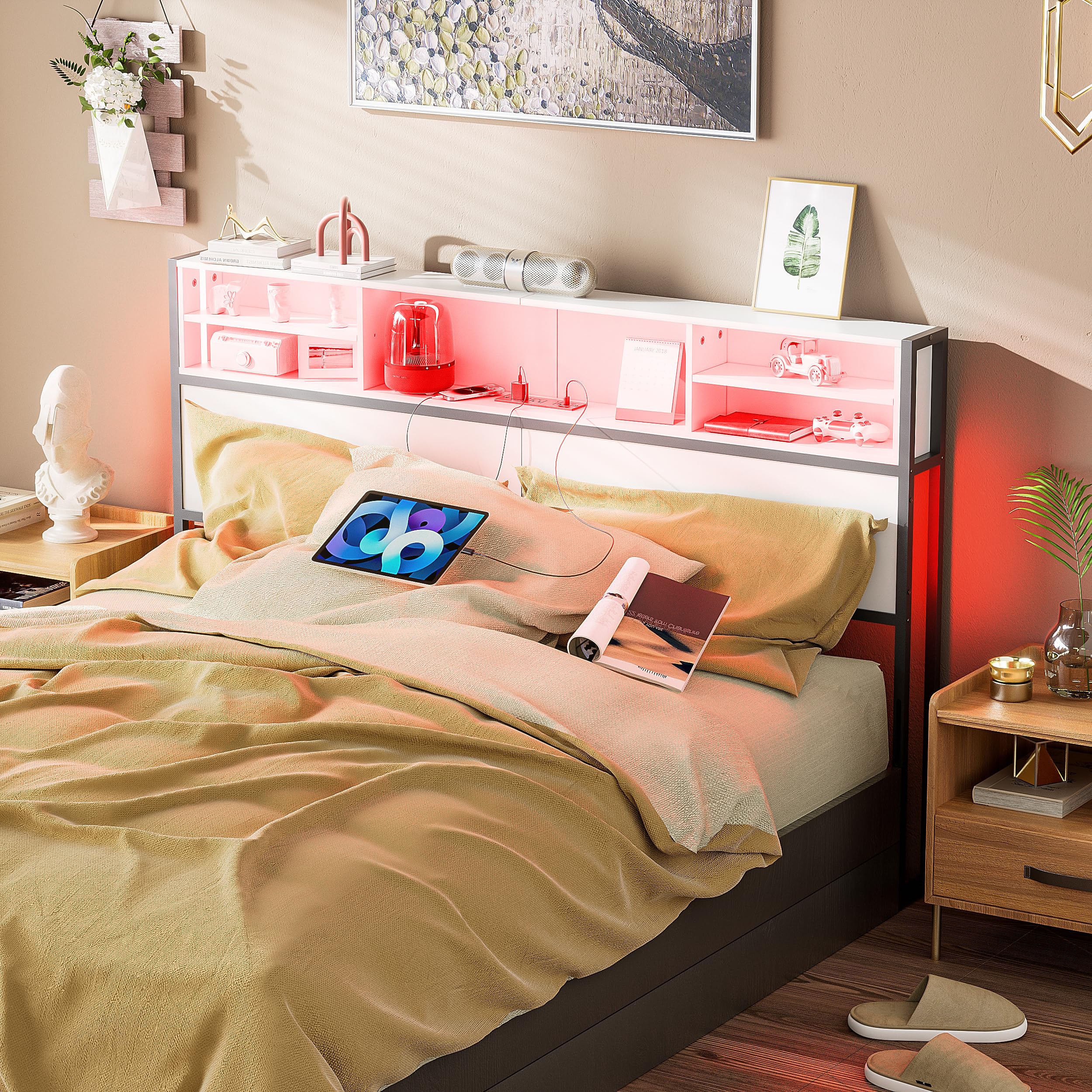 PAKASEPT Headboard Queen Size, Queen Headboards with Outlets, USB Ports and RGB LED Light, 4-Tier Storage Queen Head Board Only for Queen Size Bed, Height Adjustable, White