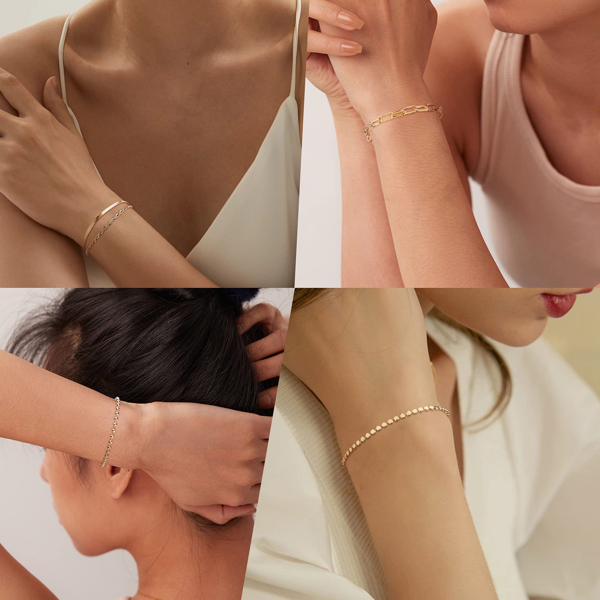 FINREZIO 6PCS Gold Chain Bracelet for Women Paperclip Link Beaded Cuban Bracelet Chunky Cable Chain Bracelet Adjustable Layered Stackable Bracelets Jewelry Style B