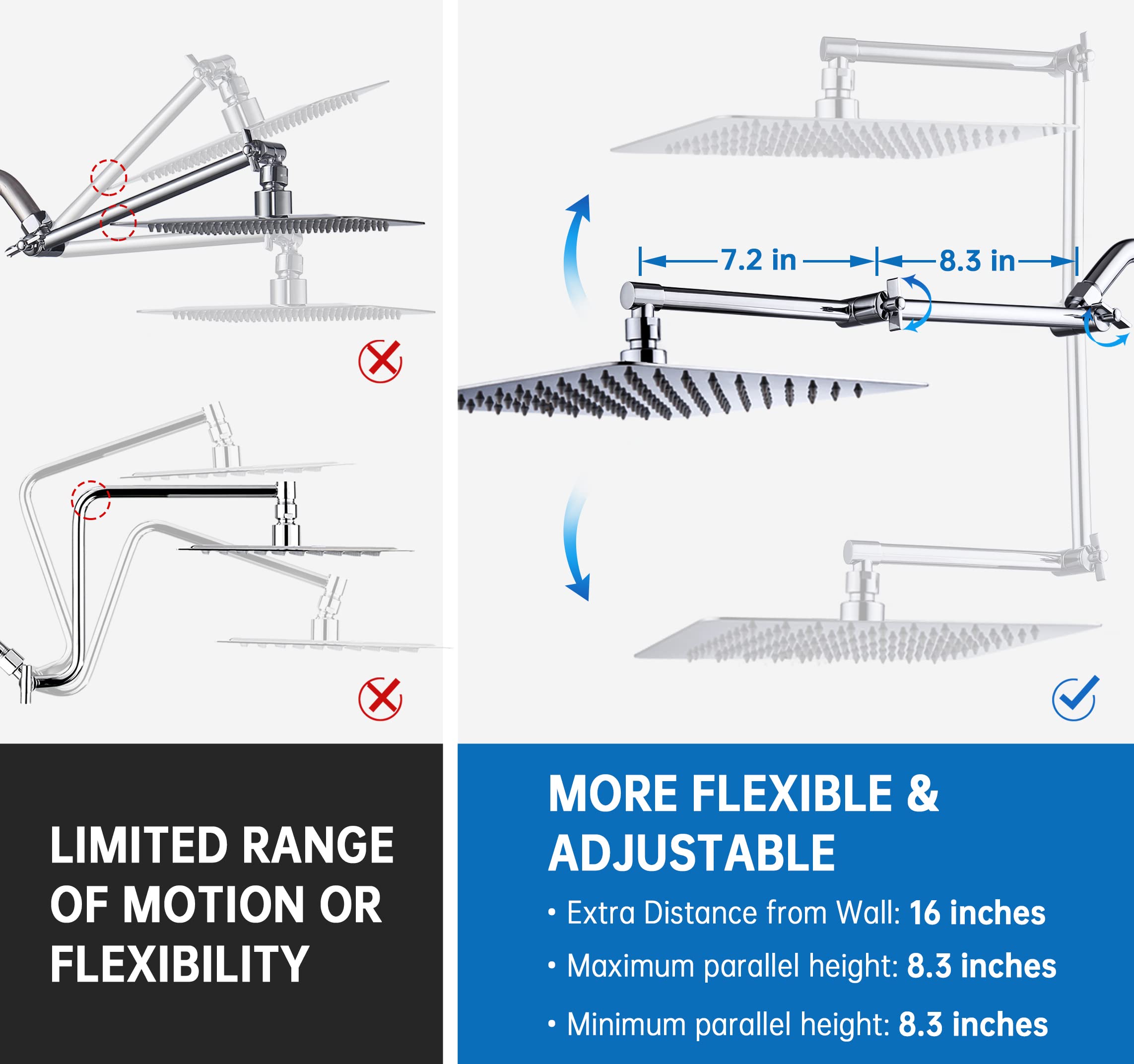 G-Promise Shower Head Extension Arm, 16" Solid Brass Adjustable Extender with Lock Joint, Standard 1/2", Rise or Lower Rainfall and Fixed Shower Head, Height/Angle Adjustable Extension Arm Attachment