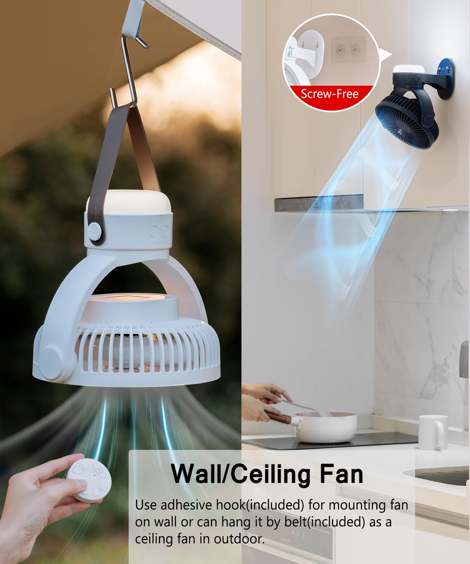 HonHey Portable Wall Mount Fan, 4000 mAh Oscillating Battery Operated Fan with Remote and LED Light, 3 Speeds, 4-10 Working Hours Timer Function, 7 Inch Outdoor Ceiling Fan for Garage Bedroom Gym RV