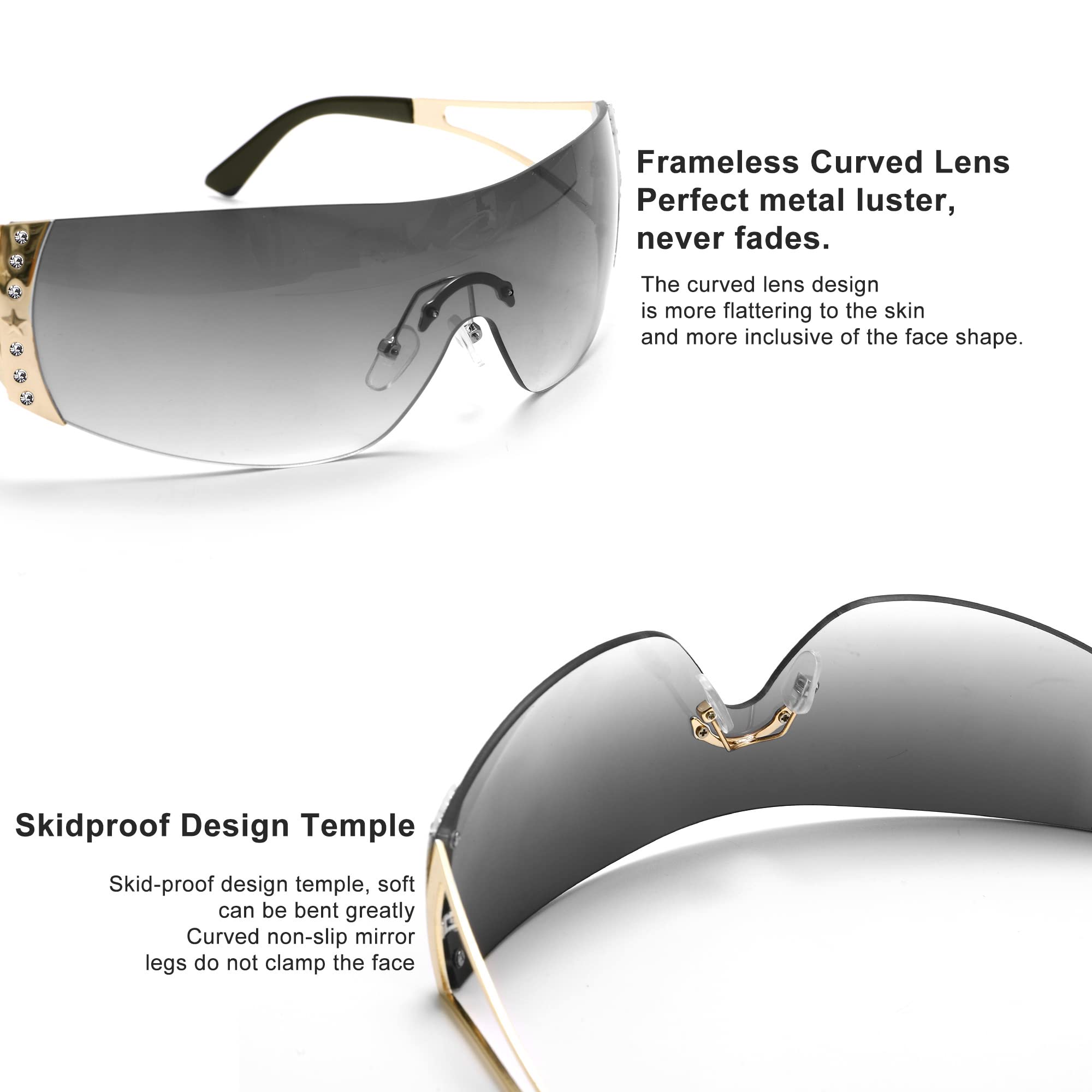 GUVIVI Y2K Sunglasses for Women Shield Rimless Frameless Rectangle Sunglasses Gradient Clear Lens Shield Sun Glasses Eyewear