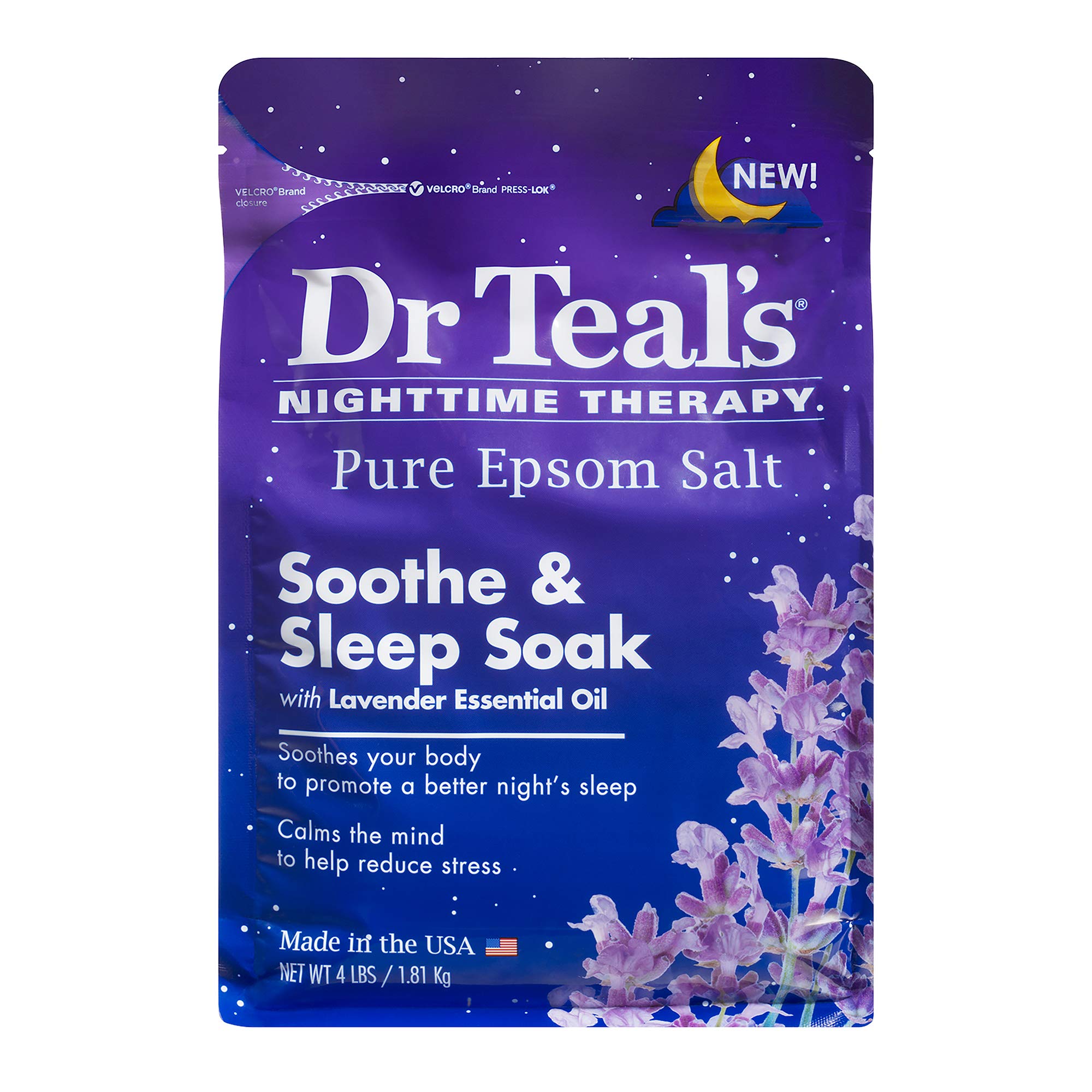 Dr. Teal's Soothe & Sleep Lavender Pure Epsom Salt Soaking Solution (4lb. Bag) - Essential Oils - Relieve Your Senses & Any Tired, Achy Muscles at Home