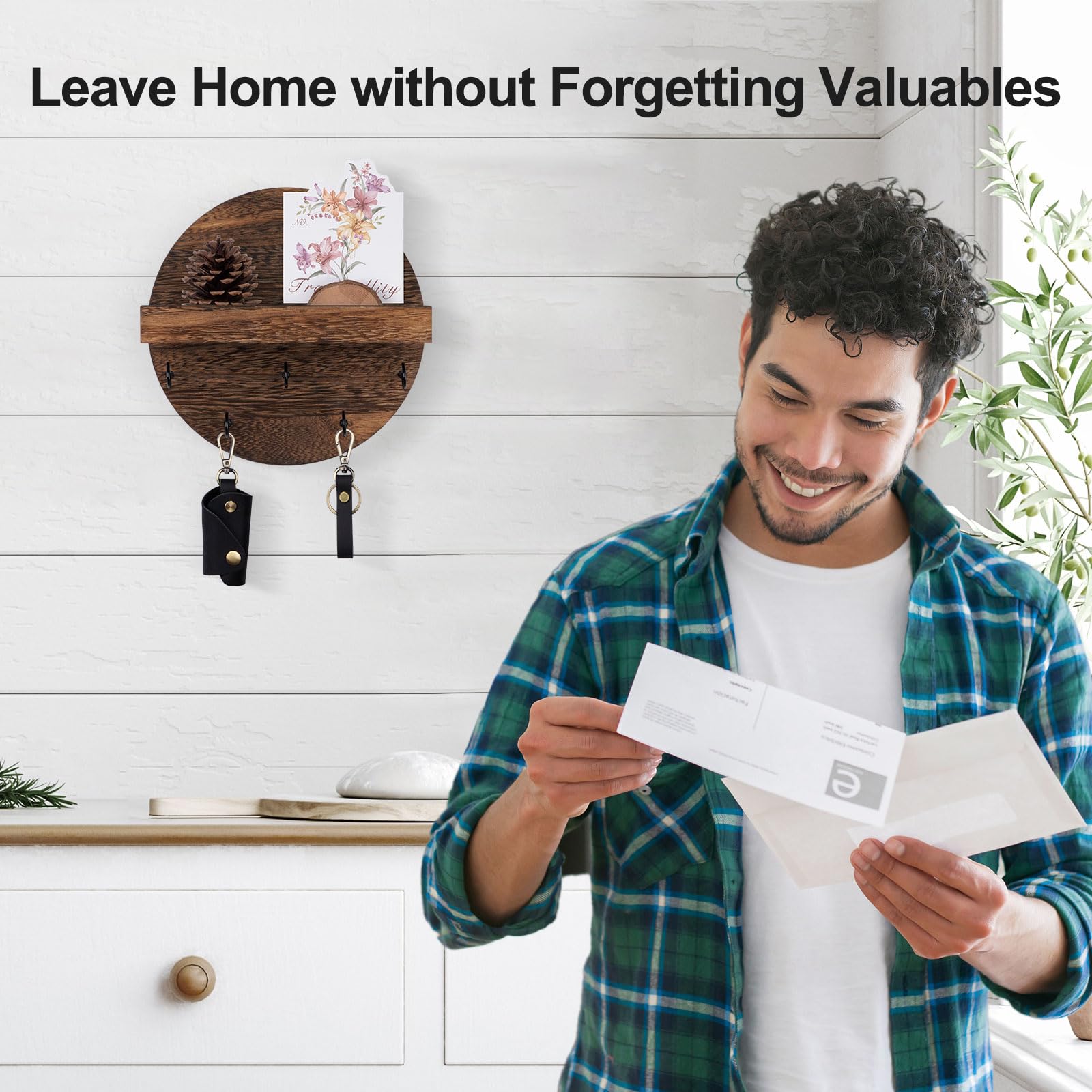 Lwenki Key Holder for Wall β Decorative Key Hook Shelf for Entryway Decor β 7.9 Inch Round Paulownia Wood Hey Hanger with 5 Metal Hooks Includes Mounting Hardware and Installation Guide