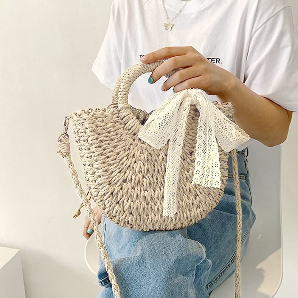 DONGKER Straw Beach Bag,Beach Weave Shoulder handbag with Round Ring Handle for Women Beach Vacation