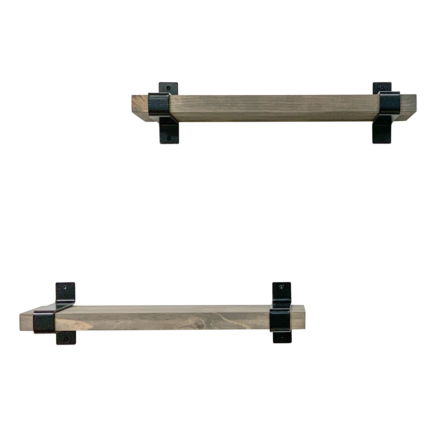 del Hutson Designs 20 Inch Industrial Grace Urban Solid Natural Pine Wood Wall Wrap Bracket Display Floating Utility Shelf Set, Gray (Set of 2)
