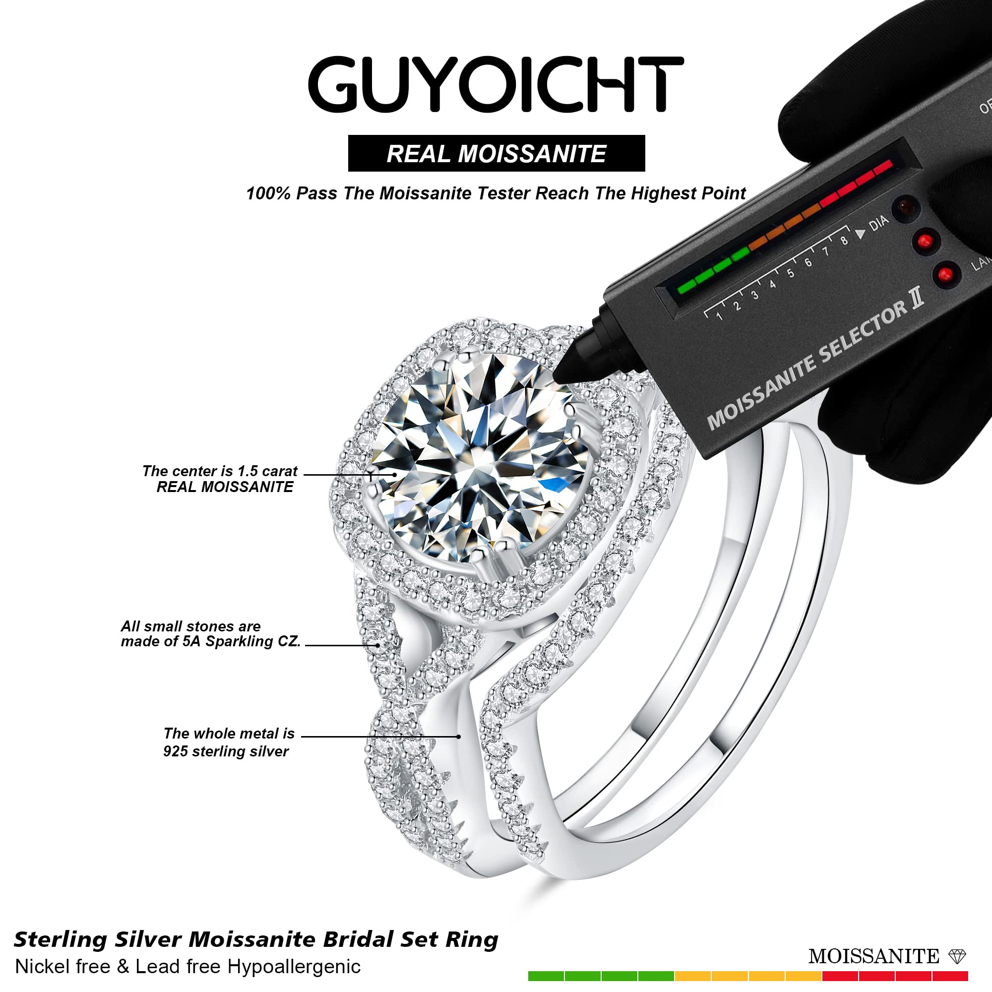 GUYOICHT 925 Sterling Silver Twisted Bridal Wedding Engagement Ring Band Set, Round Cut Moissanite Engagement Rings for Women Size 6-8 (style 1, 7)