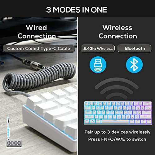RK ROYAL KLUDGE RK61 60% Mechanical Keyboard with Coiled Cable, 2.4Ghz/Bluetooth/Wired, Wireless Bluetooth Mini Keyboard 61 Keys, RGB Hot Swappable Blue Switch Gaming Keyboard with Software - White