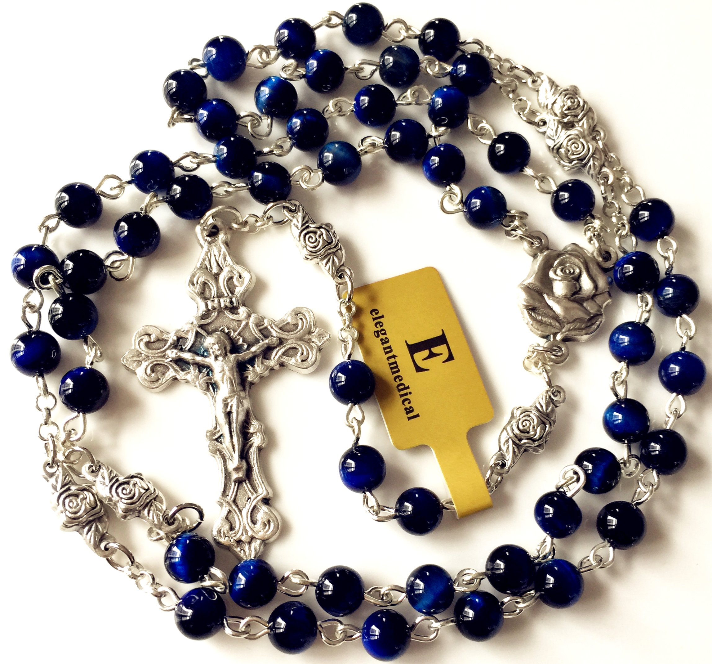 elegantmedical HANDMADE Blue Tiger Eye Beads & Silver Rose Beads ROSARY CROSS Crucifix Necklace box
